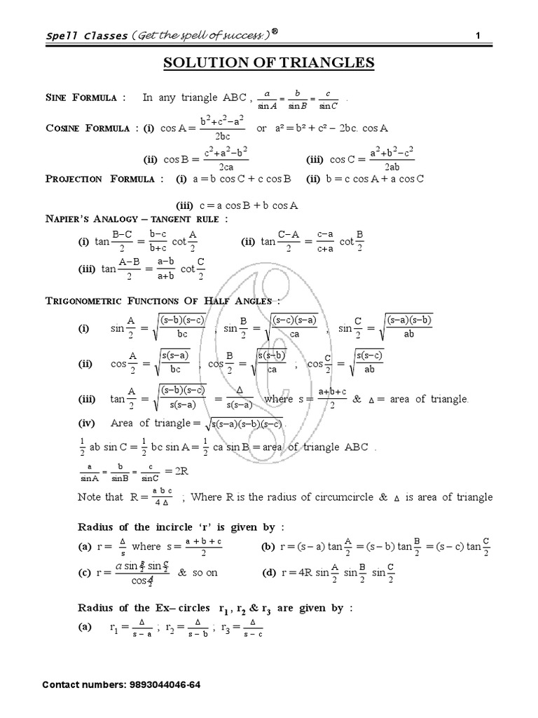 Solution of Triangles Formulae PDF | PDF | Trigonometric Functions | Euclid