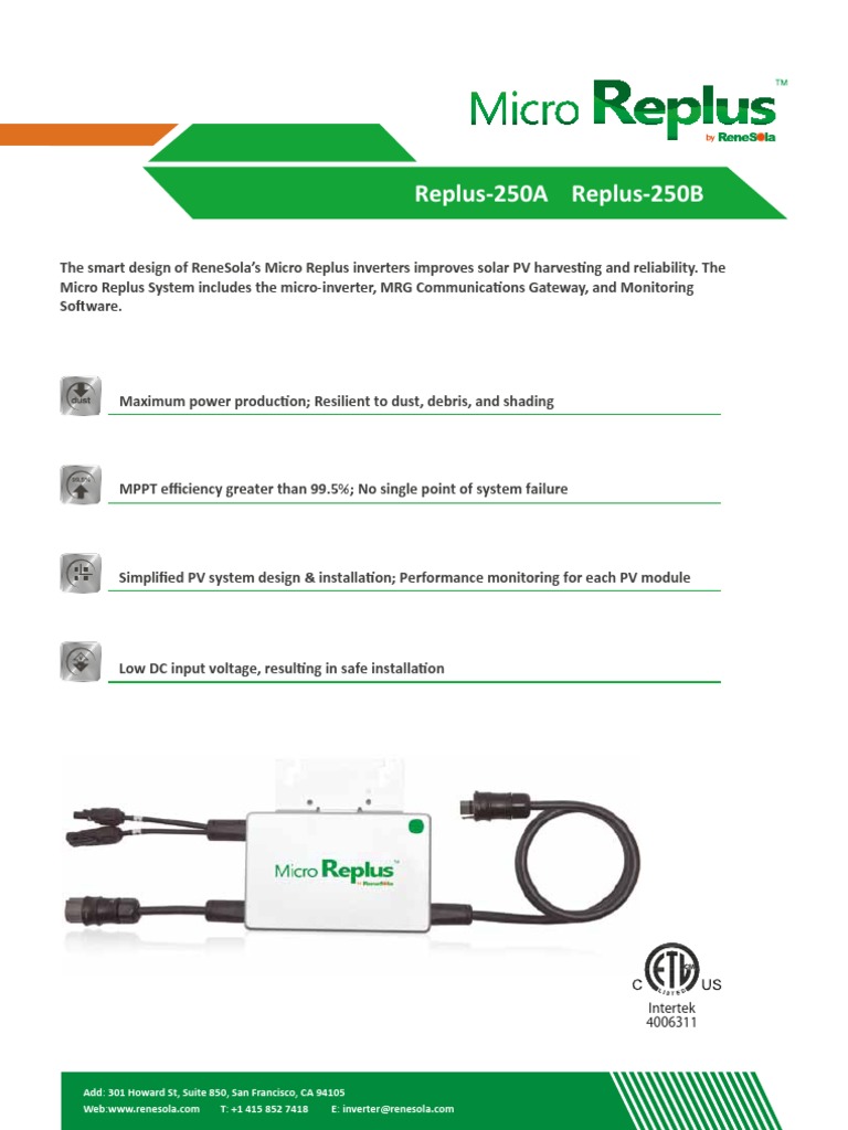 ReneSola Micro Replus 250A 250B | PDF | Photovoltaic System ...