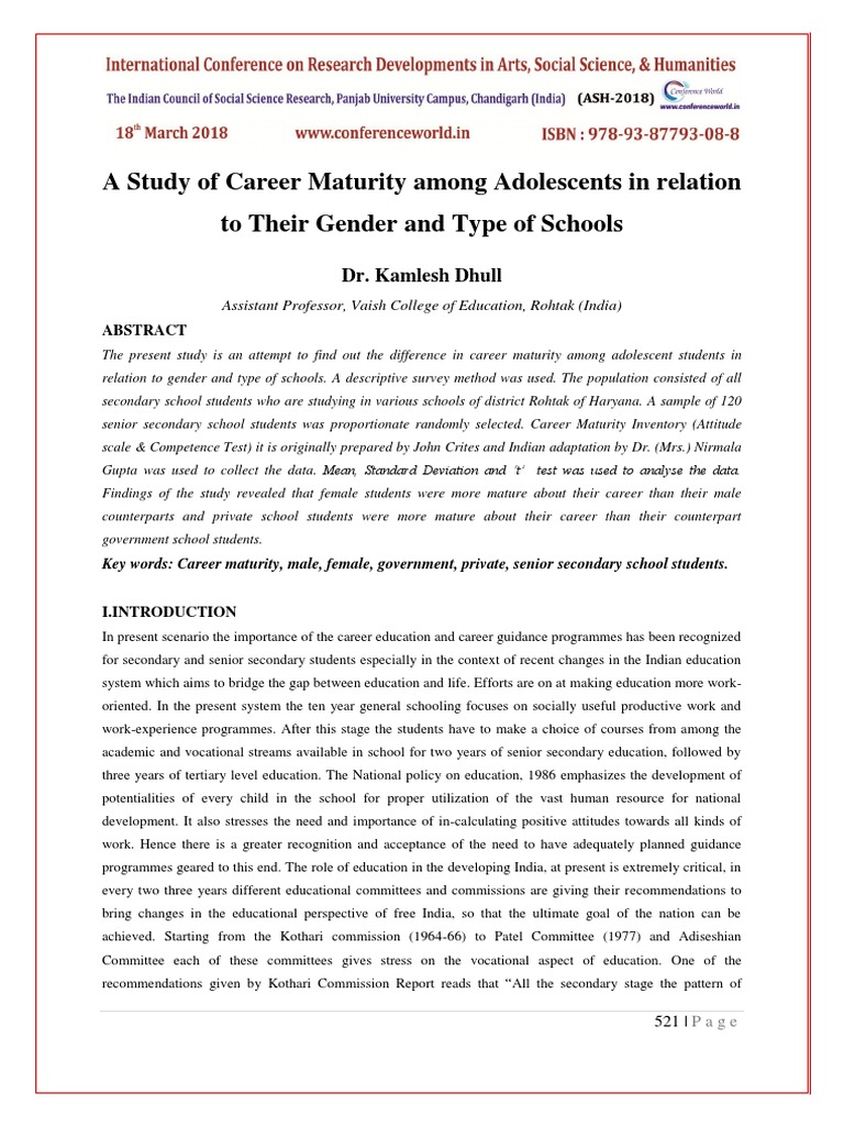 Career Maturity in Adolescents by Gender | PDF | Self Concept ...