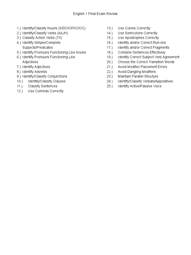 2020 English 1 Final Exam Review | PDF | Verb | Adverb