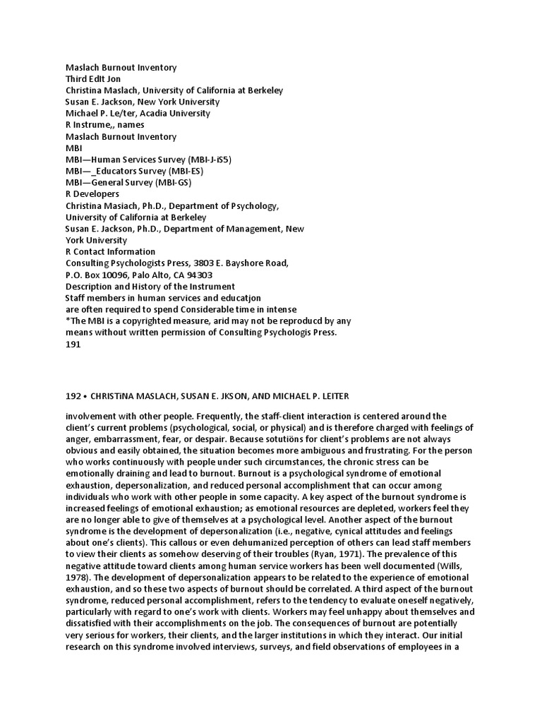 Maslach Burnout Inventory | PDF | Occupational Burnout | Psychological ...