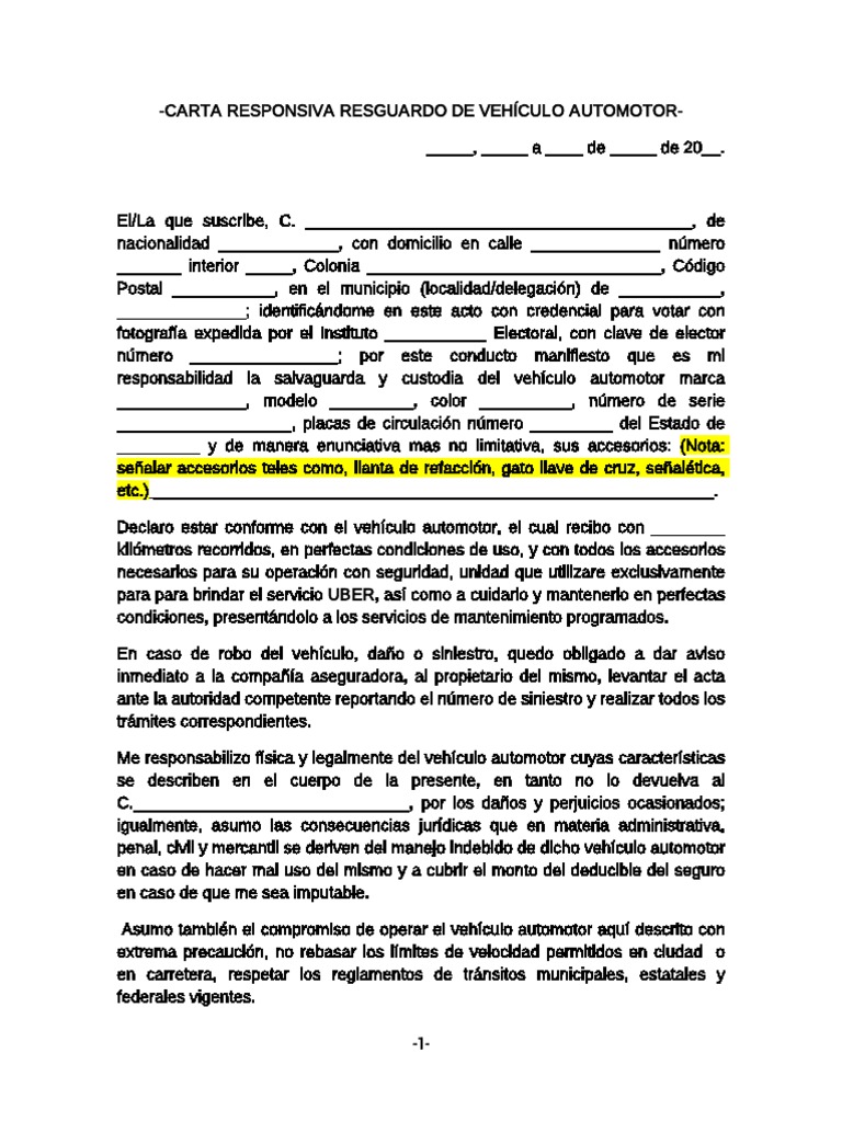 Carta Responsiva Resguardo de Vehc3adculo1 PDF | PDF