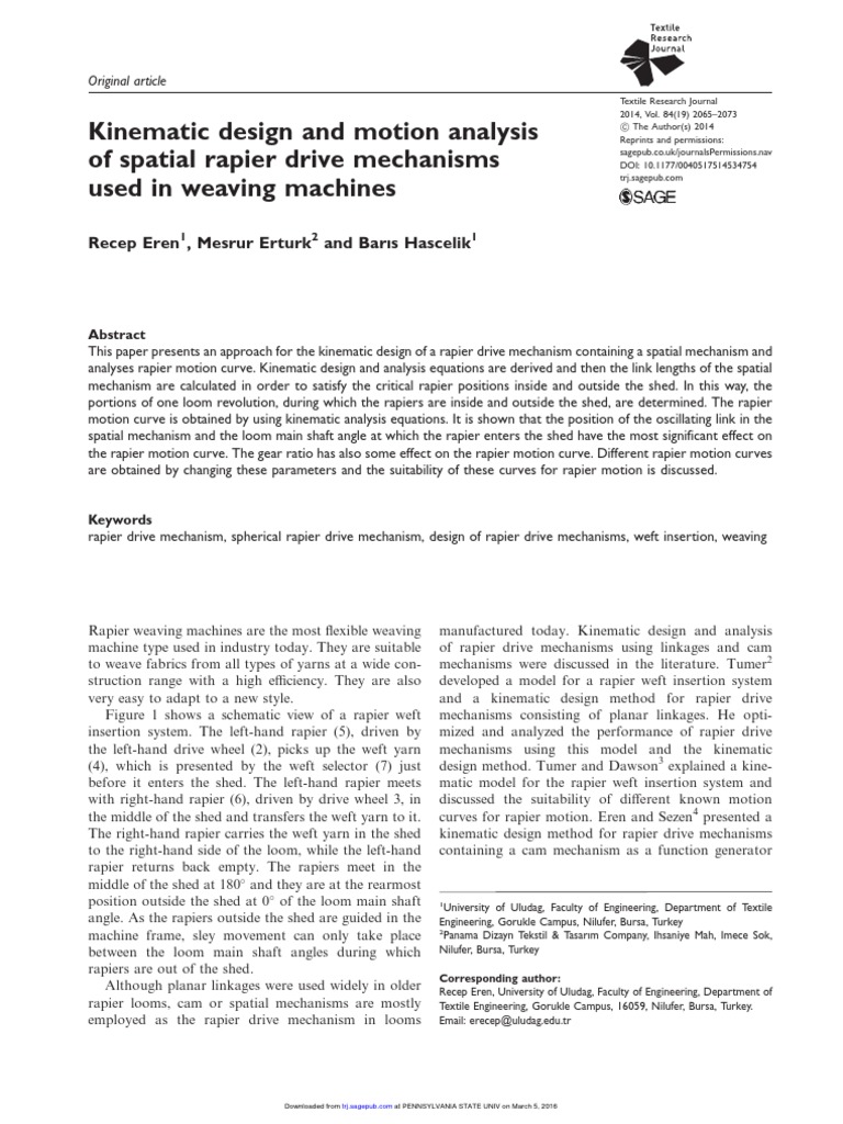 Kinematic Design and Motion Analysis of Spatial Rapier Drive Mechanisms ...
