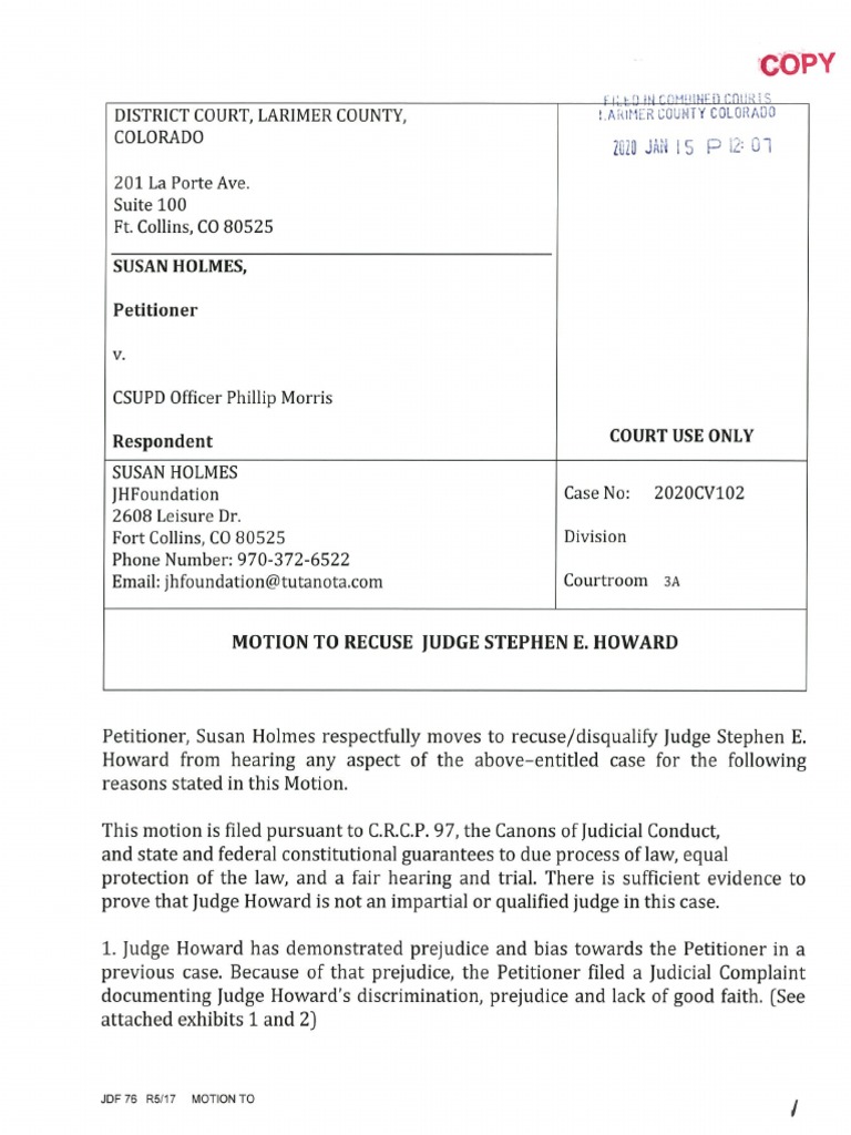 Susan Holmes Judge Recusal Motion