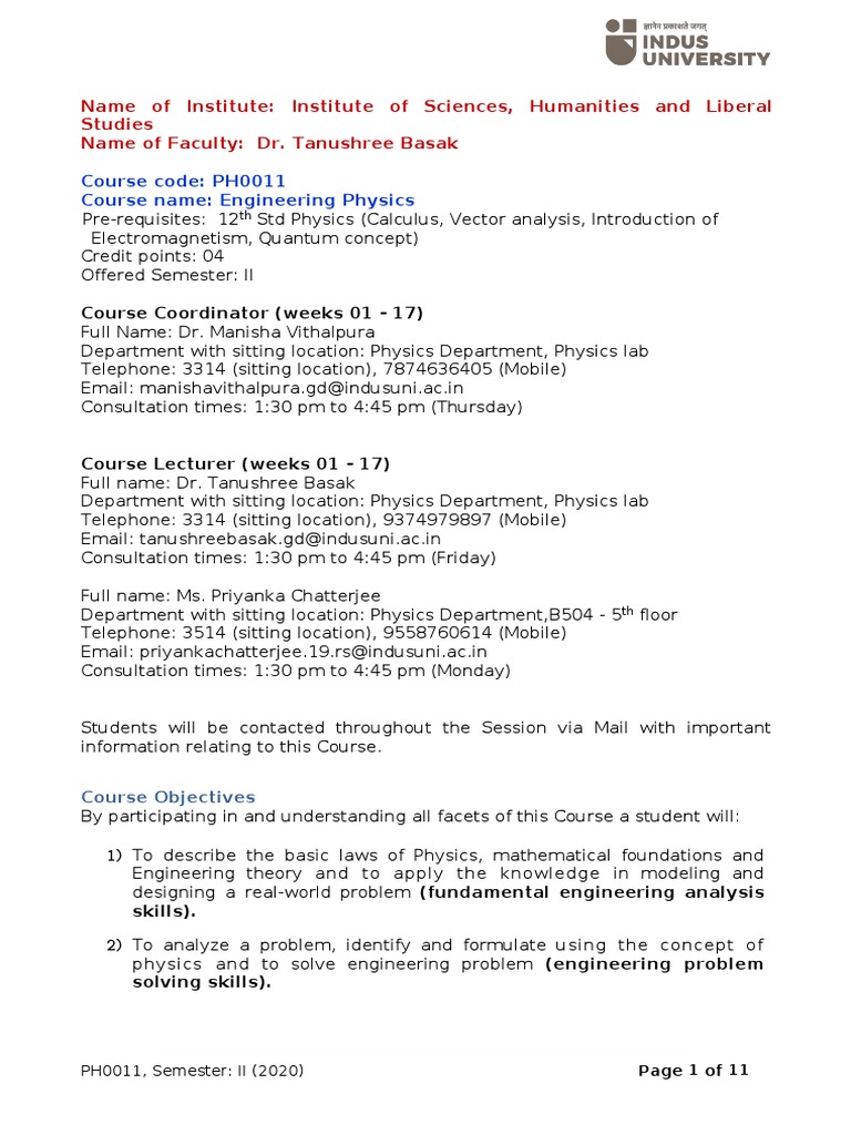 Coursefile - Jan2020 - PH0011 - Eng - Physics - CSE - Tanushree Basak | PDF | Electric Field ...