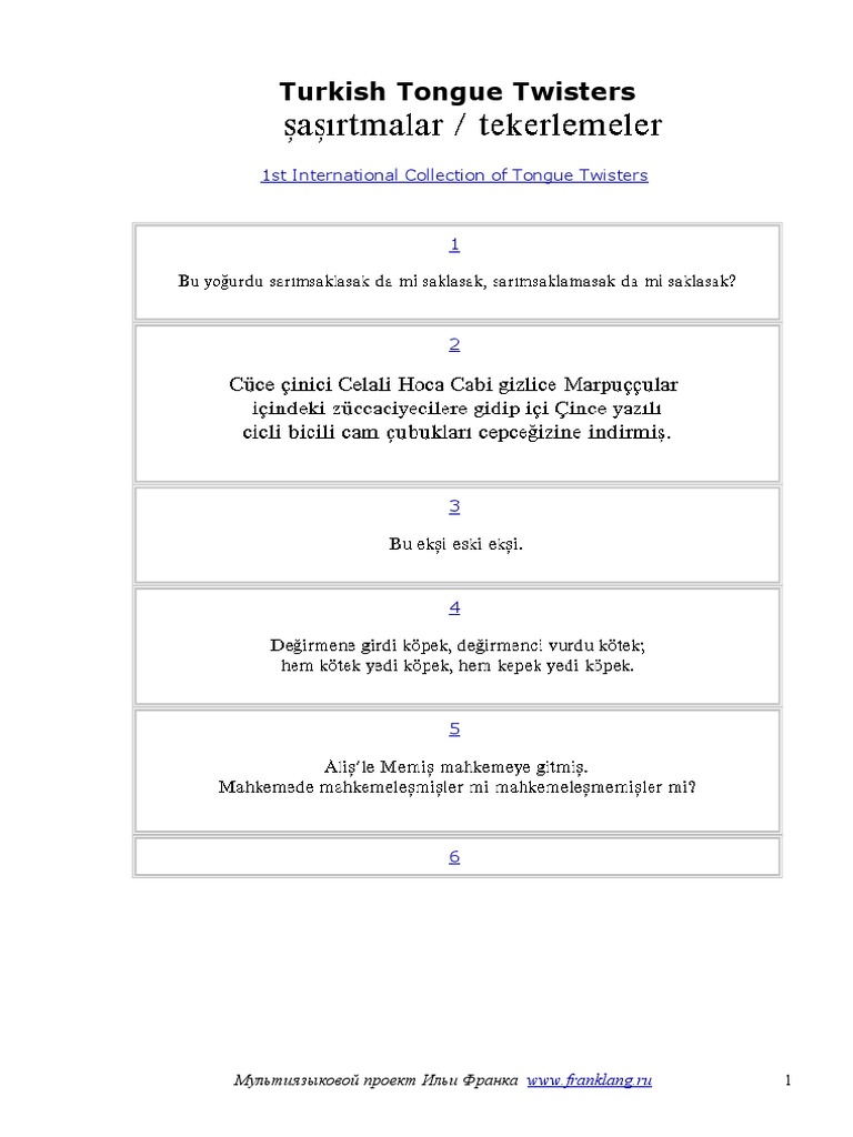 Turkish Tongue Twisters | PDF