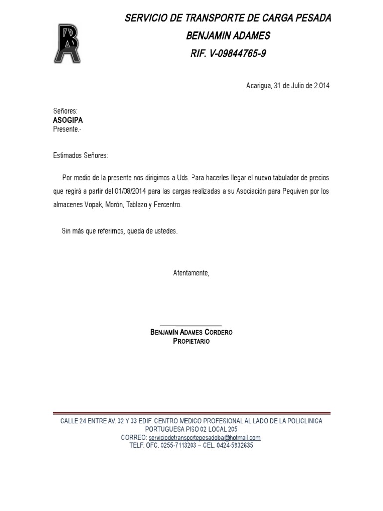 Carta Aumento de Fletes | PDF | Bancario | Business