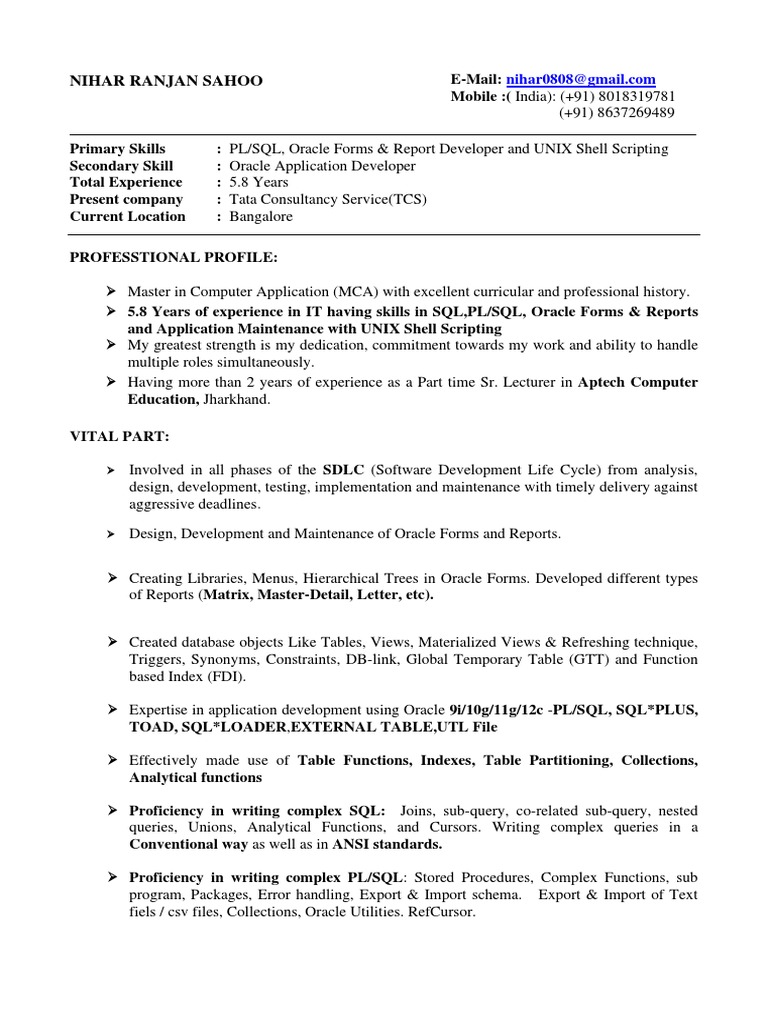 Resume | PDF | Pl/Sql | Sql