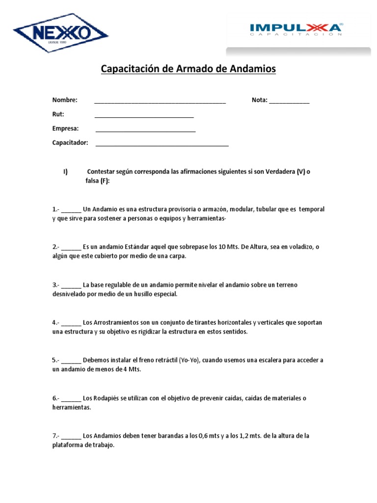 Prueba Capacitación de Armado de Andamios 2016 | PDF | Andamio | Bambú