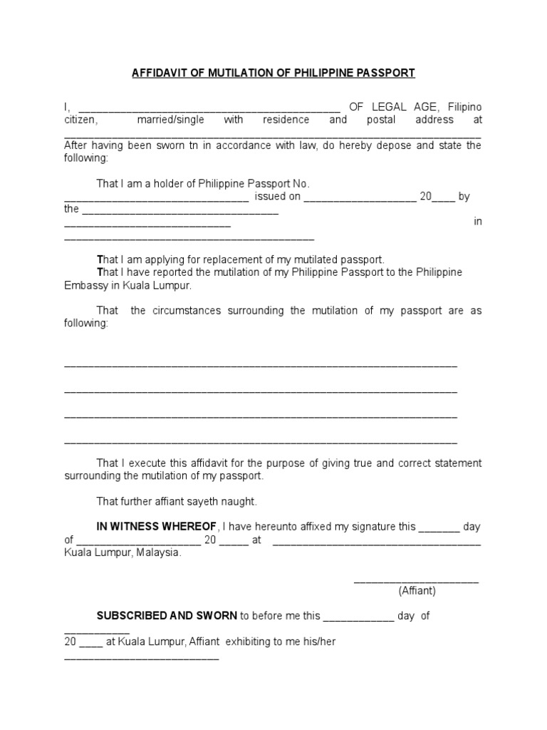 AFFIDAVIT OF Mutilation of passport