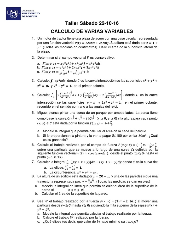 Taller de Calculo de Varias Variables | PDF | Integral | Curva