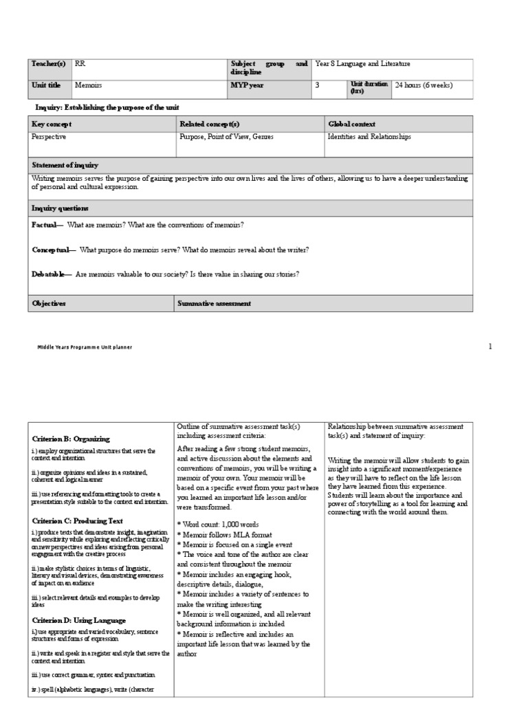 MYP 3 - Unit 1 Plan - Memoirs | PDF | Rubric (Academic) | Inquiry