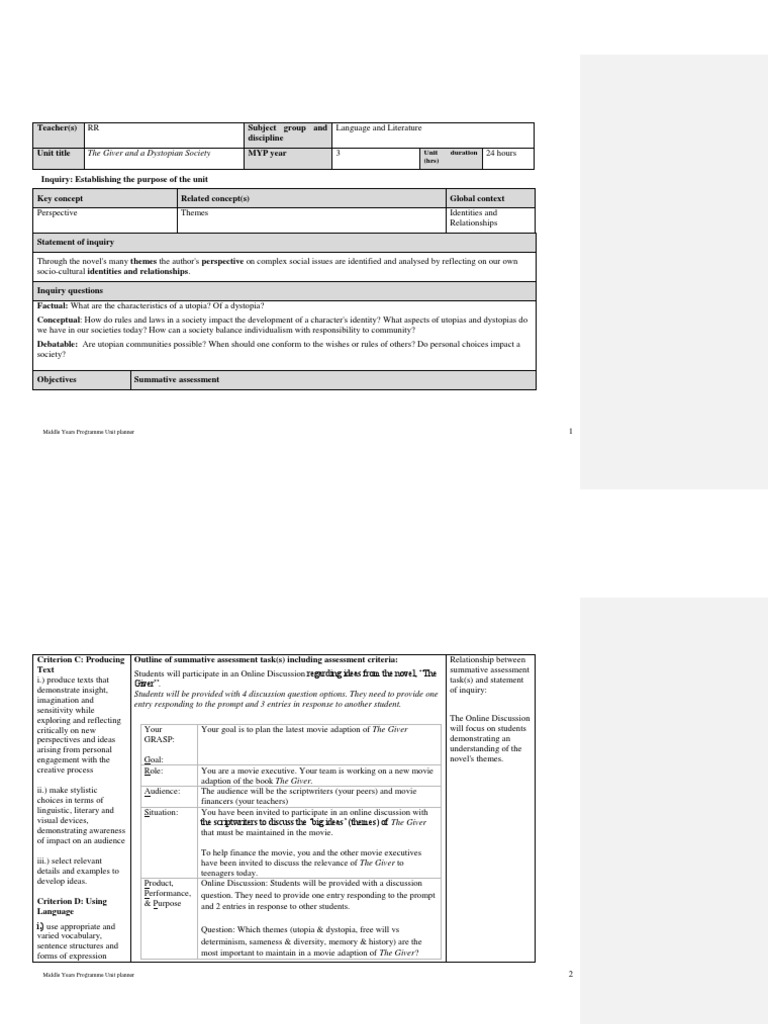 Unit 5 - The Giver and A Dystopian Society | PDF | Utopian And ...
