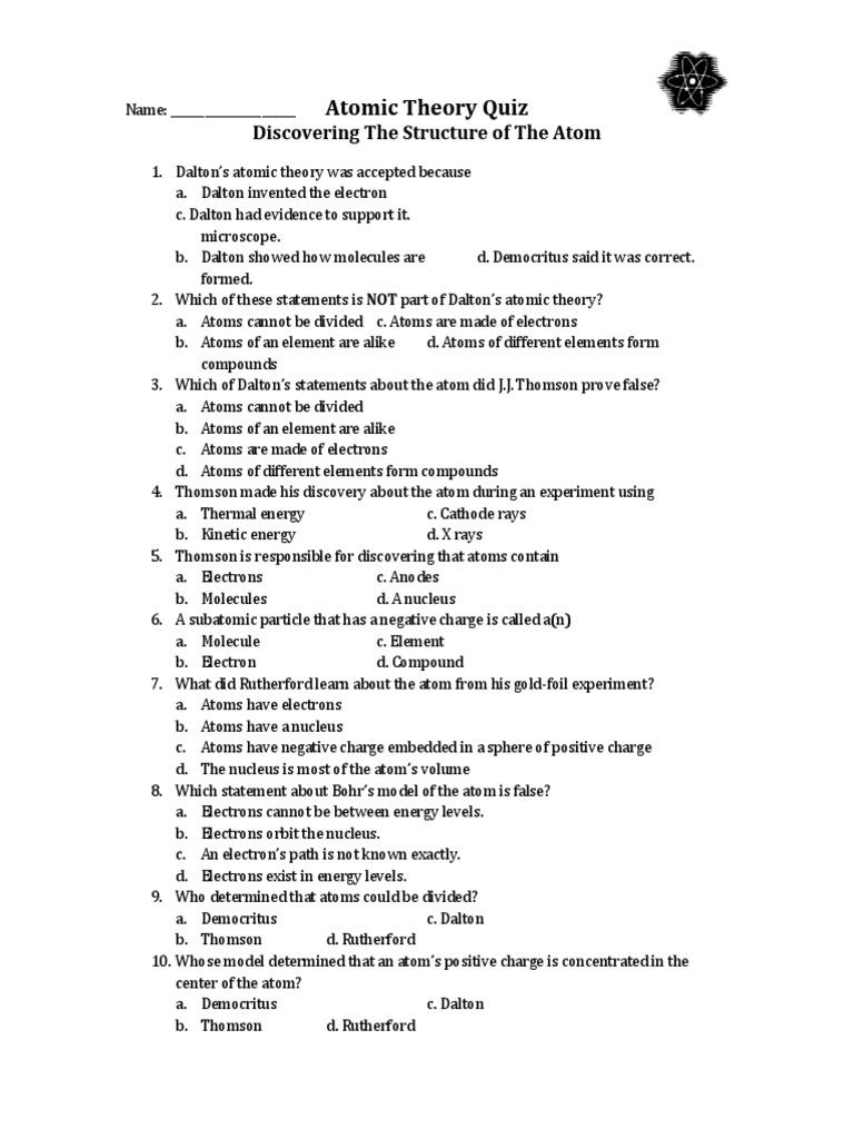 Atomic Theory Quiz and Teacher Key | PDF | Atoms | Electron