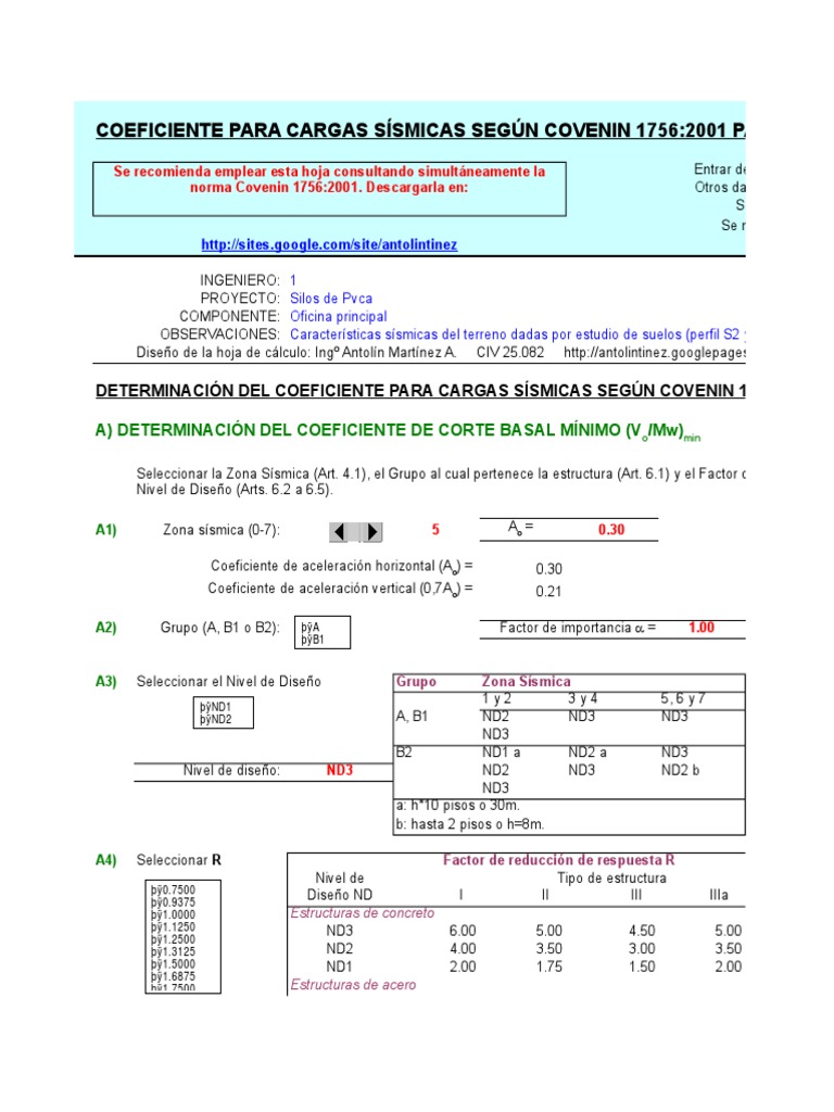 Coeficiente de Corte Basal Covenin 1756-2001 Art9.3 v3 | PDF | Hoja de cálculo | Computación ...