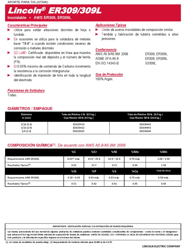 Lincoln ER309 309L TIG - ES MX | PDF | Soldadura | Construcción