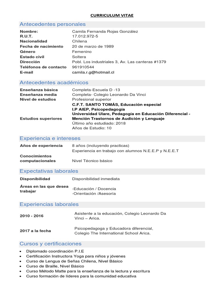 CV Camila Rojas: Psicopedagoga y Educadora | PDF | Crecimiento personal y profesional