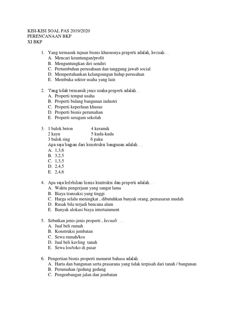 Kisi-Kisi Soal Perencanaan BKP XI BKP | PDF