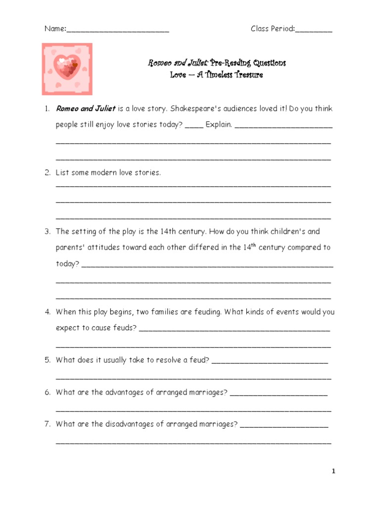 Romeo and Juliet Pre-Reading Questions: Exploring Themes of Love ...