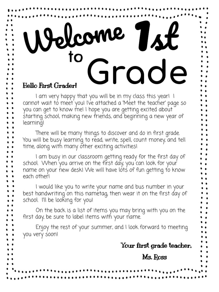 First Grade Welcome Letter