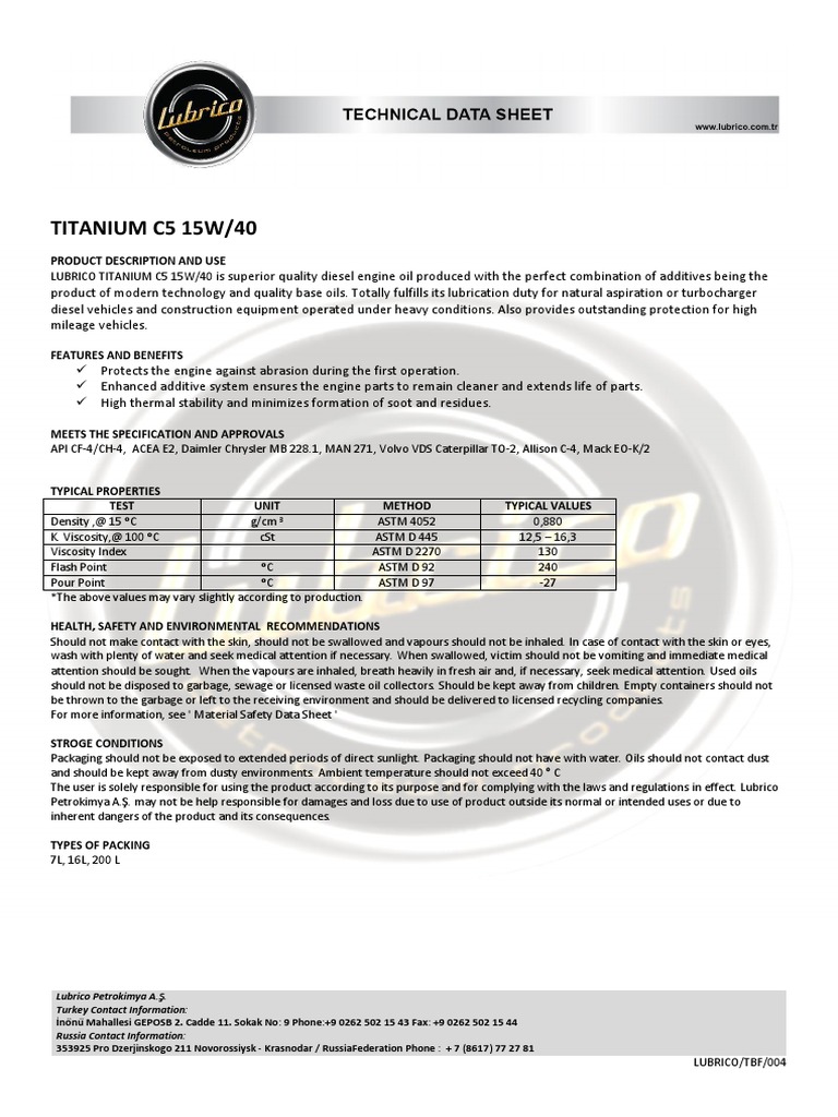 Lubrico Titanium C5 15W/40 Diesel Oil | PDF | Motor Oil | Materials