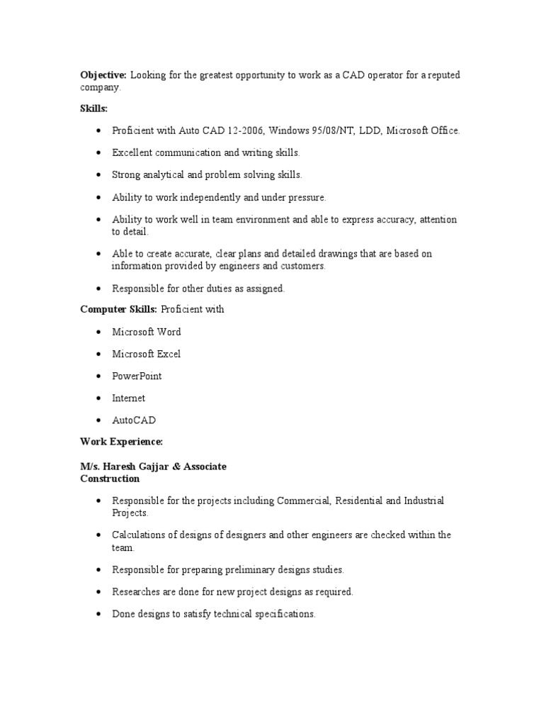 CAD Operator Skills & Experience | PDF