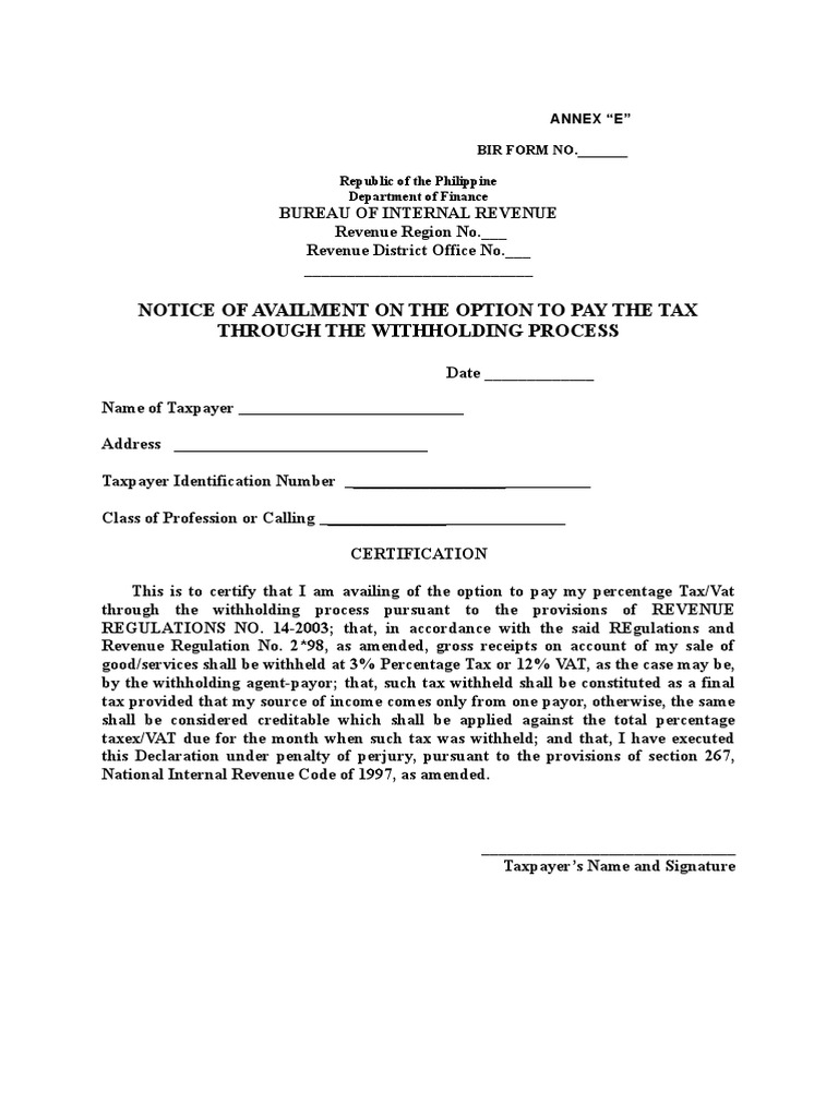 BIR Form Notice of Availing Percentage Tax Withholding Option | PDF ...