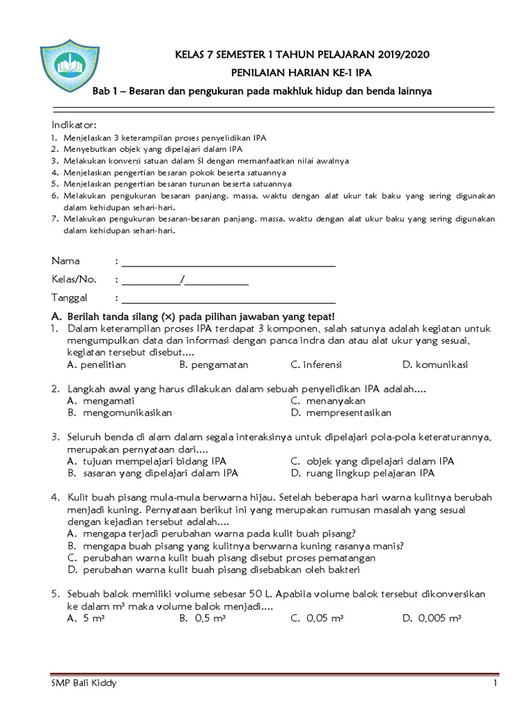 Penilaian Harian Ipa Kelas 7 Semester 1 Pdf