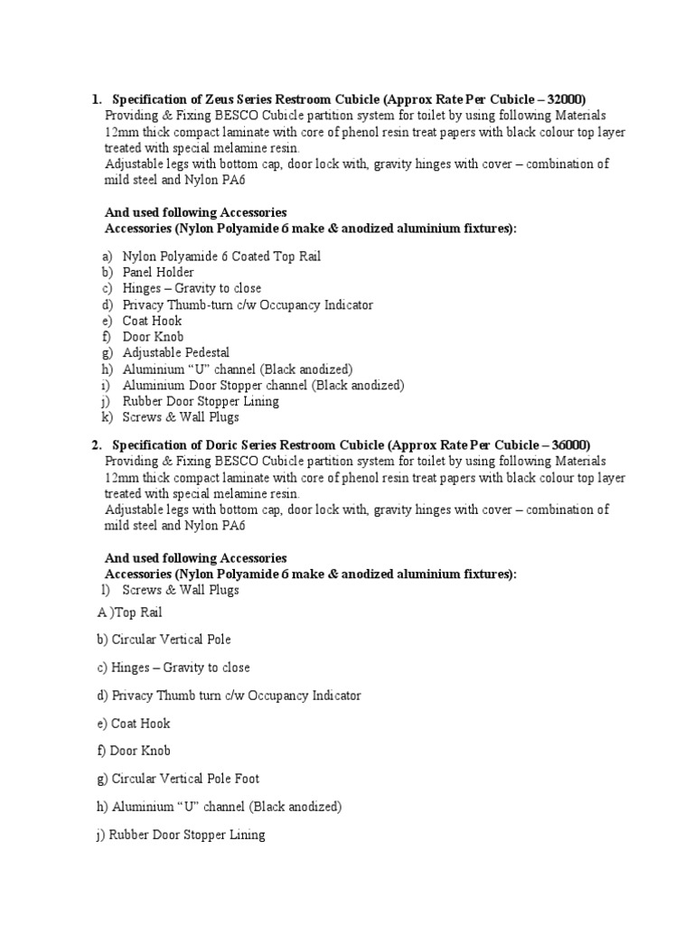 Specifications for Five Restroom Cubicle Series and a Modesty Panel ...