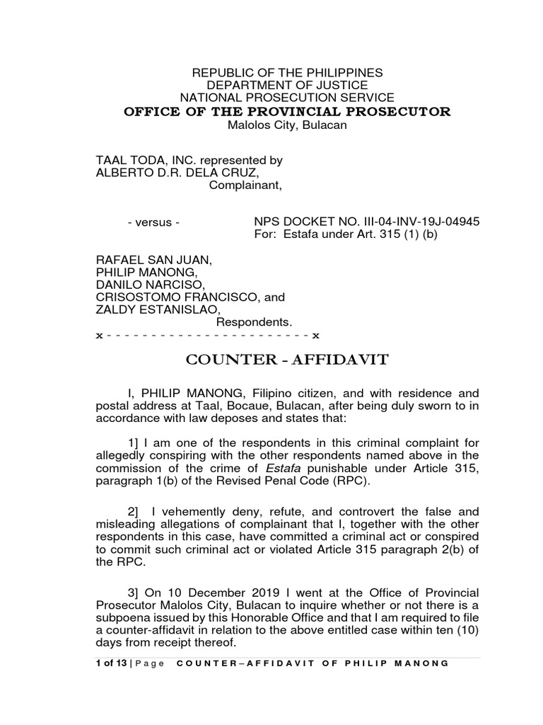 Counter Affidavit | PDF | Burden Of Proof (Law) | Conspiracy (Criminal)