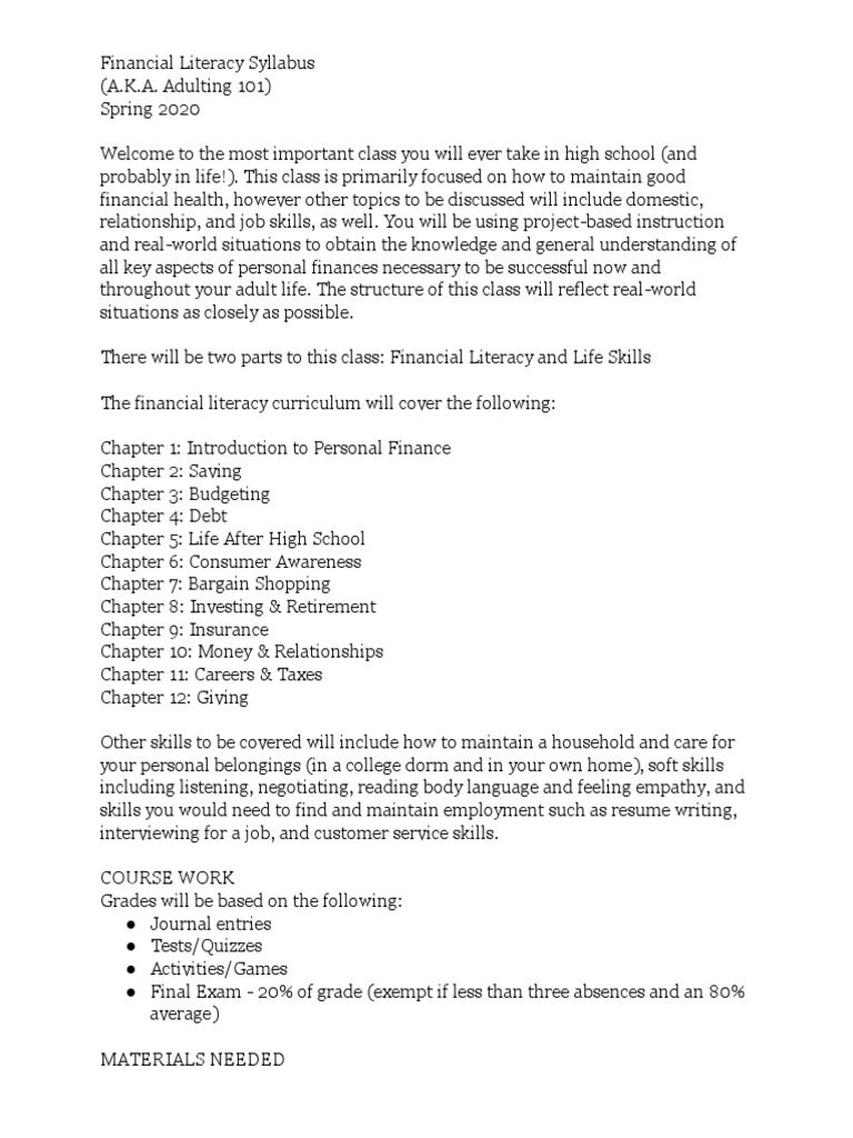 High School Financial Literacy Syllabus | PDF | Financial Literacy ...