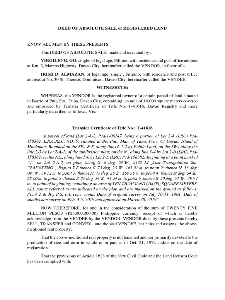 Deed of Sale Registered Land | PDF | Property Law | Property