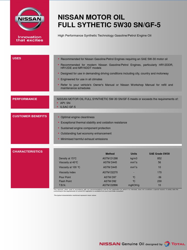 Nissan Genuine Oil 5W30 SN GF5 TDS 20161110 v1-0 | PDF | Motor Oil ...