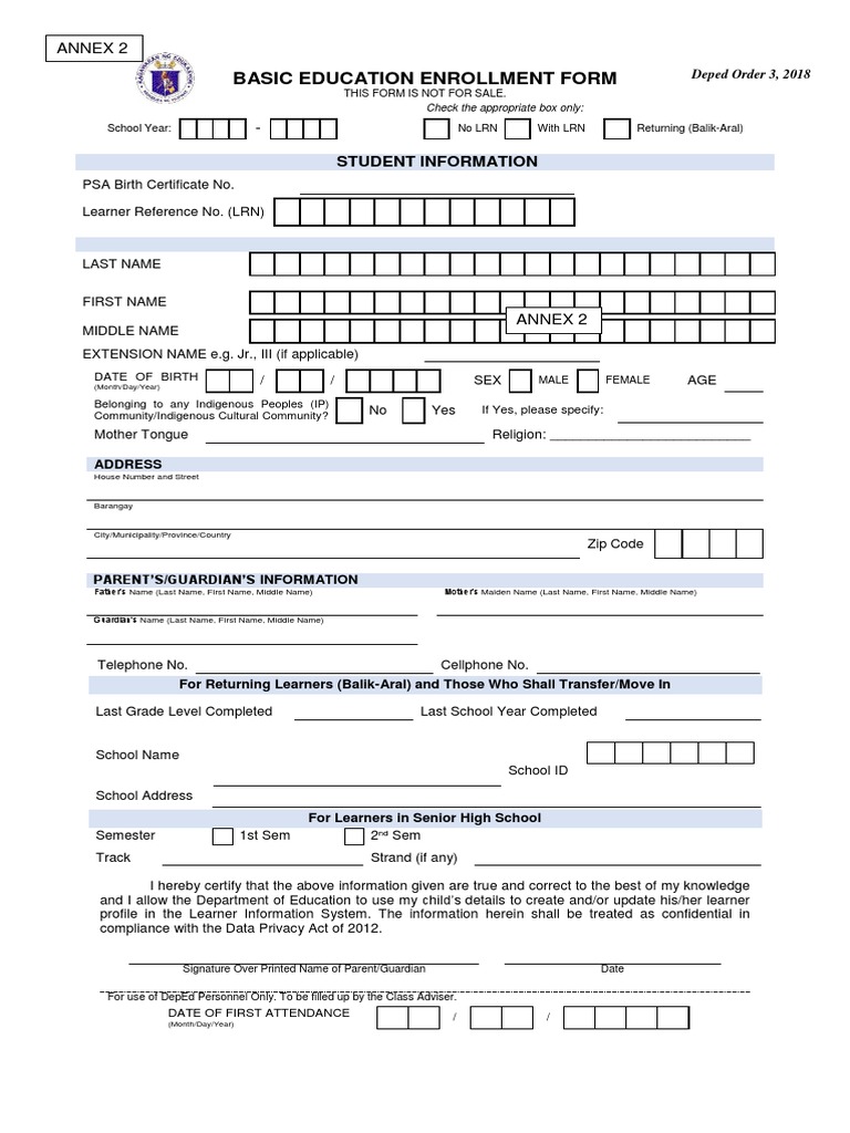 Annex 2 Basic Education Enrolment Form DO 3 2018 | PDF | Languages Of ...