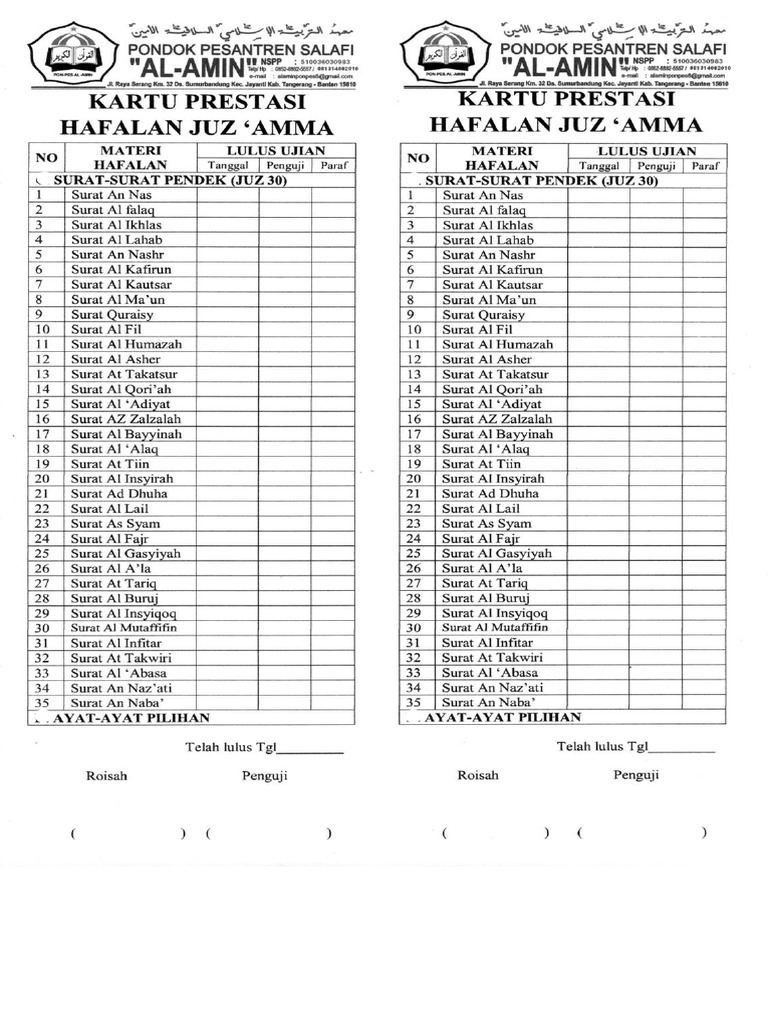 Kartu Setoran Tahfidz | PDF
