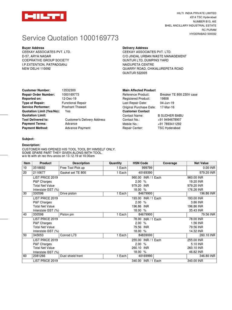 Hilti Tool Service Quotation - 1000169773 | PDF | Business