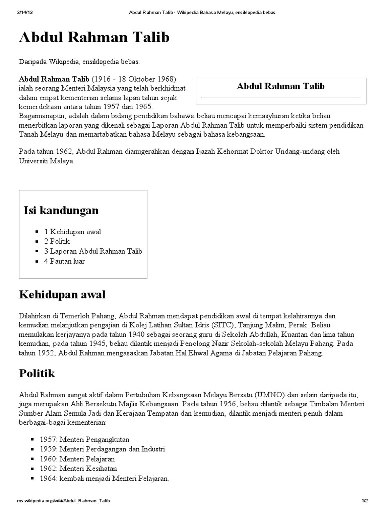 Abdul Rahman Talib - Wikipedia Bahasa Melayu, Ensiklopedia Bebas | PDF
