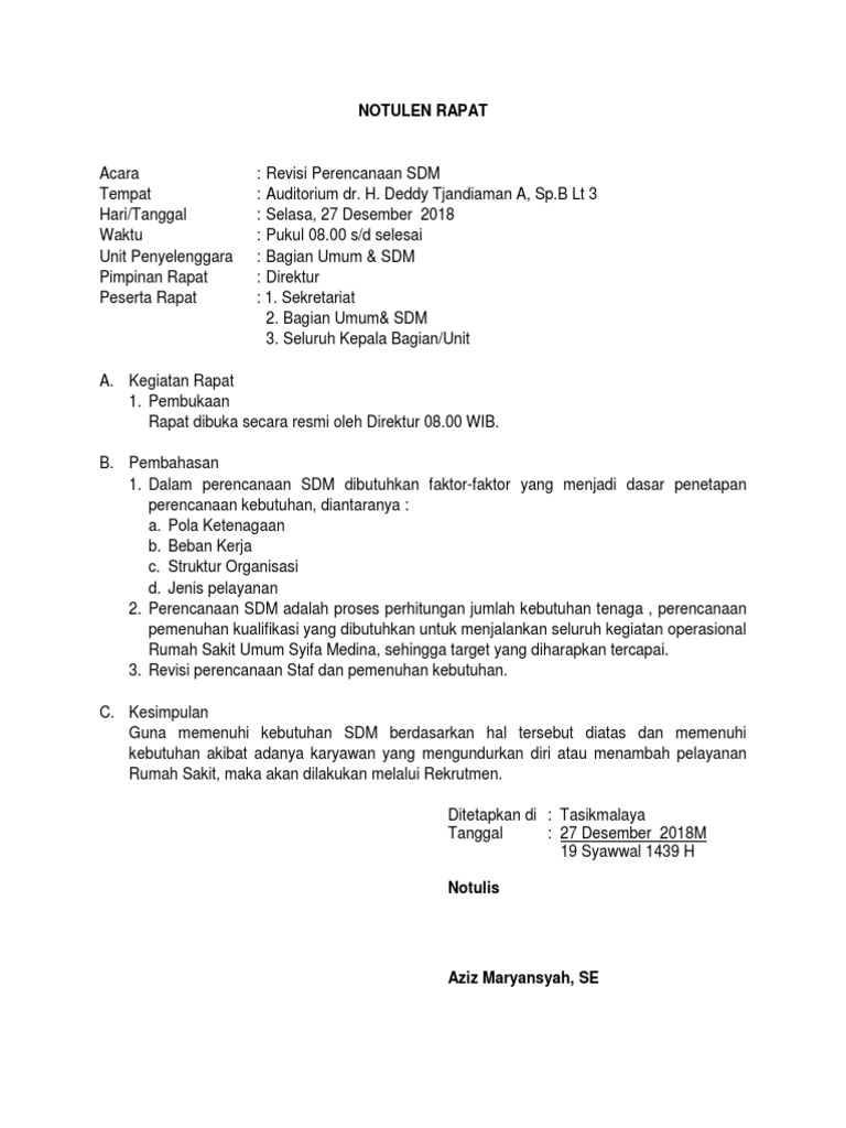 Notulen Rapat Revisi SDM 2018 | PDF