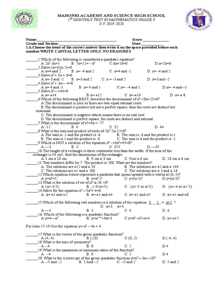 Grade 9 & 10 Monthly Math Tests | PDF | Quadratic Equation | Polynomial