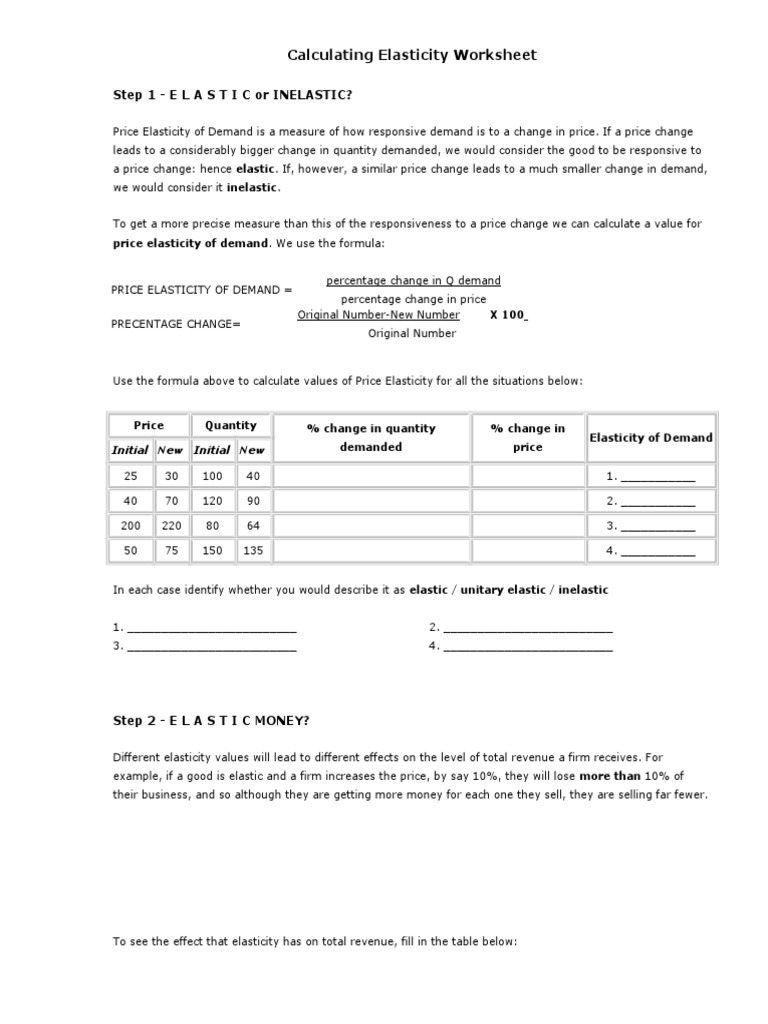 Calculating Elasticty Worksheet | PDF | Price Elasticity Of Demand | Demand