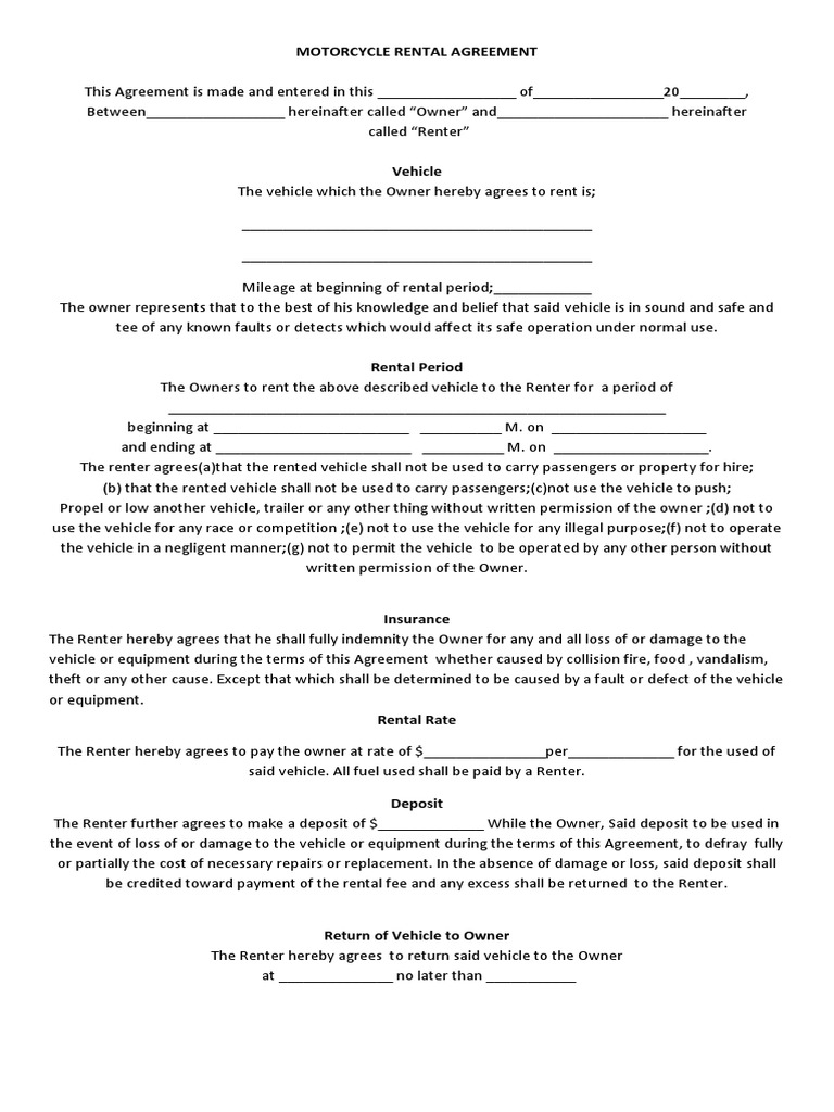 Motorcycle Rental Agreement | PDF | Renting | Vehicles