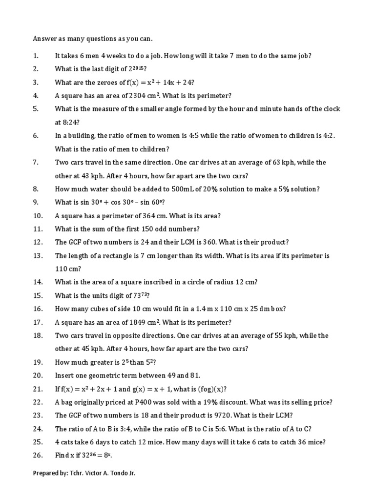 100 Open-Ended Math Questions Set A (With Answer Key) | PDF | Area | Sphere