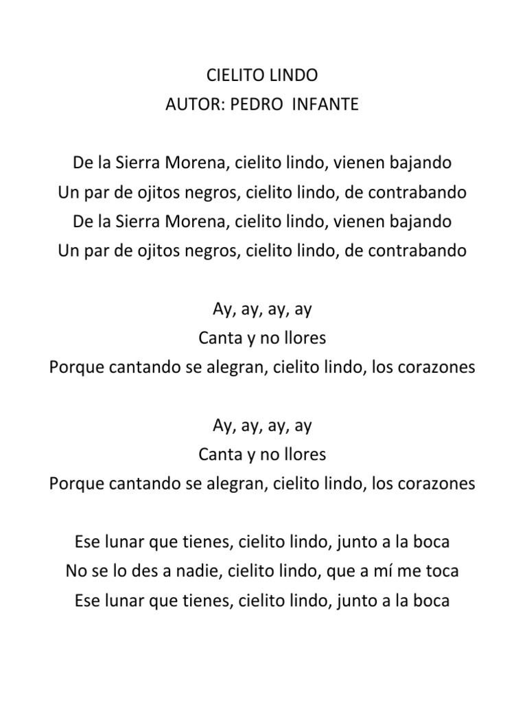 Letra de "Cielito Lindo" de Pedro Infante | PDF | Musica ...