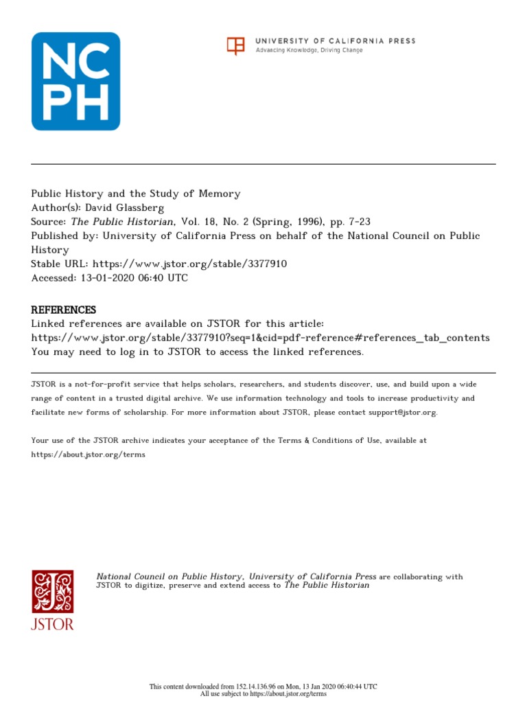 Public History and The Study of Memory Author(s) : David Glassberg ...