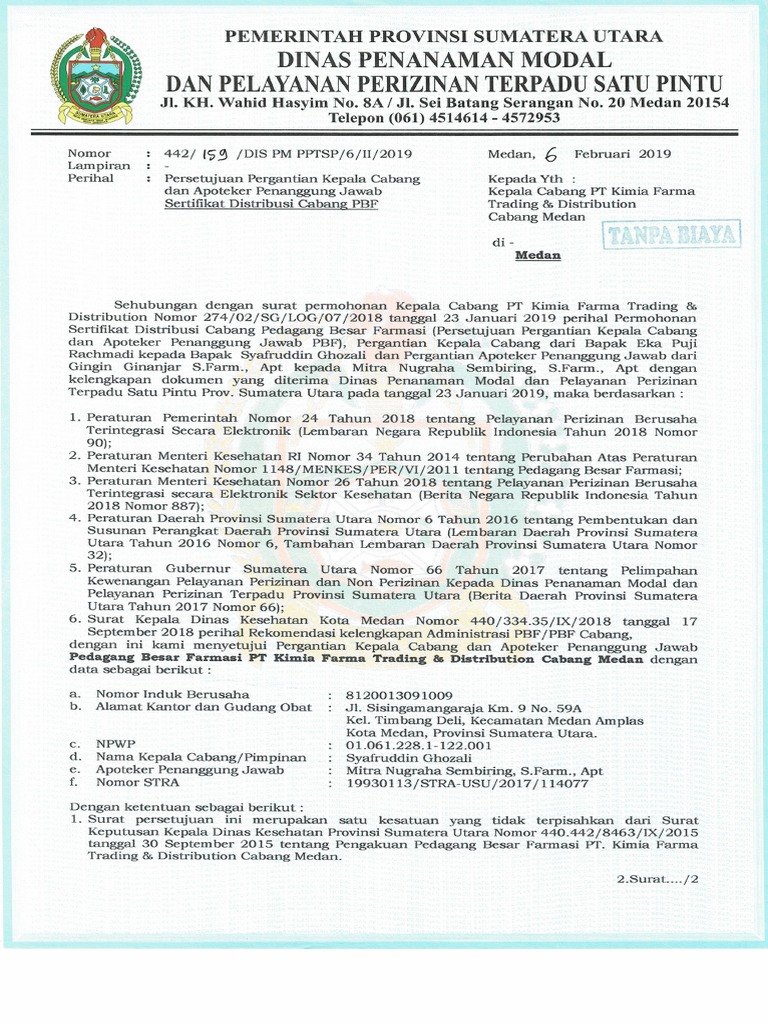 Sertifikat Distribusi Cabang PBF KFTD Medan | PDF