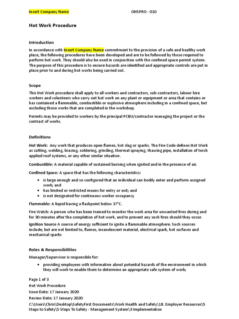 Hot Work Procedure, WHSPRO-010 CM | PDF | Risk Assessment | Employment