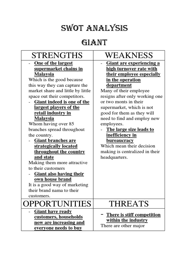 SWOT Analysis GIANT STRENGTHS WEAKNESS | PDF | Retail | Supermarket
