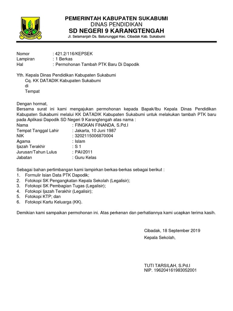 Contoh Surat Pengajuan PTK Baru Dapodik | PDF