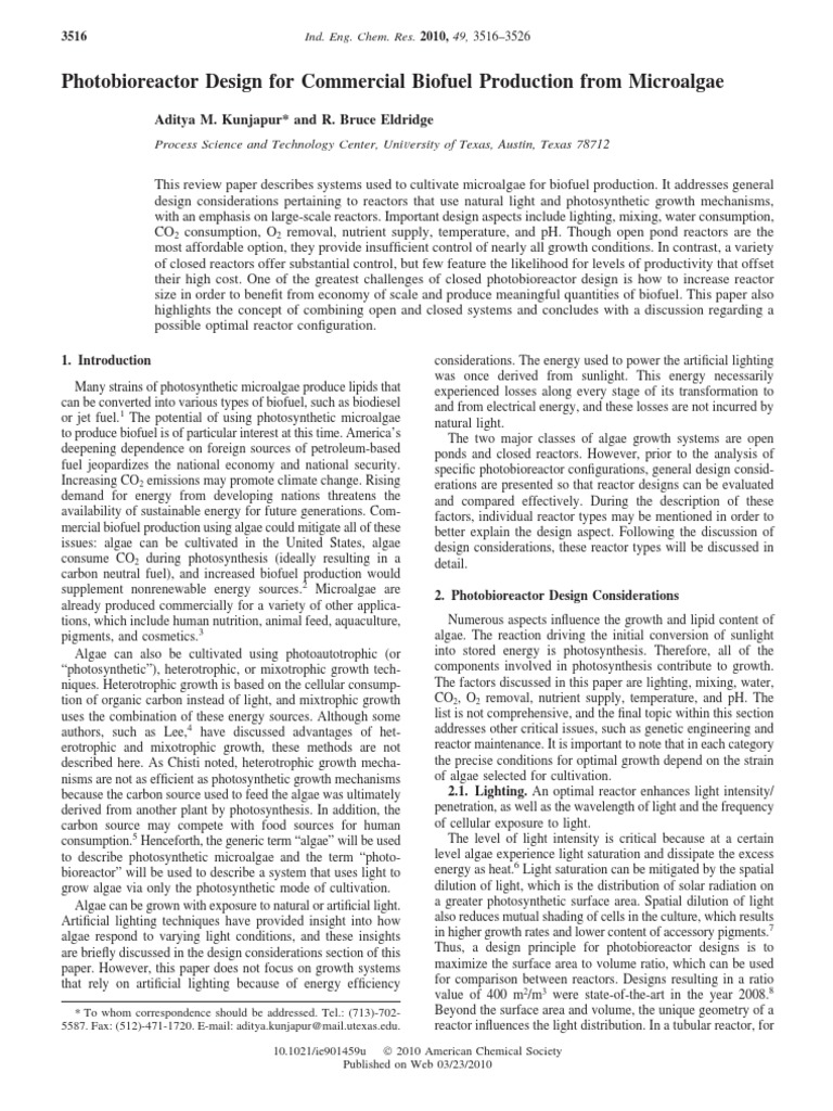 Photobioreactor Design For Commercial Biofuel Production From Microalgae PDF | PDF ...