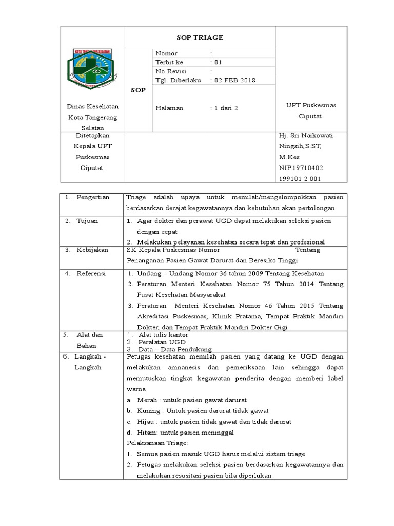 SOP Triage UGD Puskesmas Ciputat | PDF